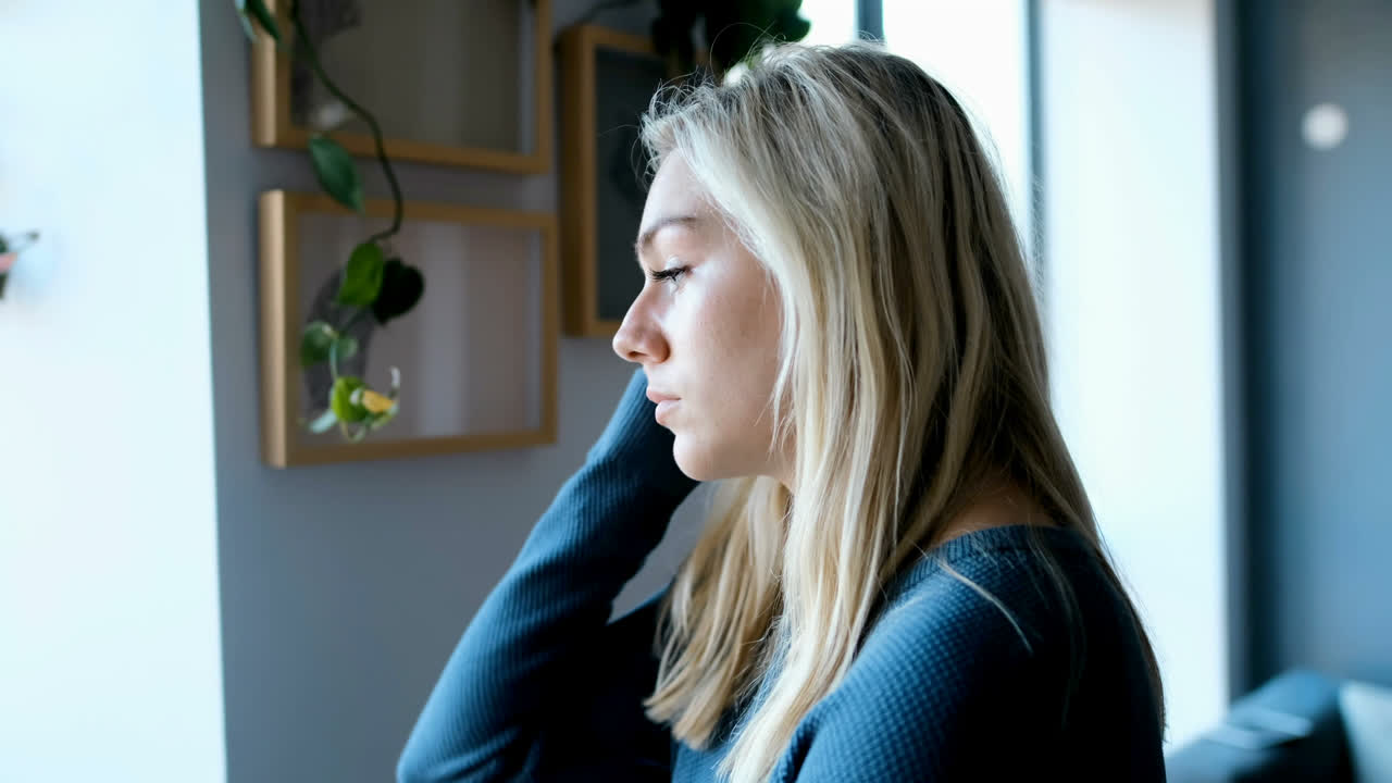 Premium stock video - Woman looking outside through window at home 4k