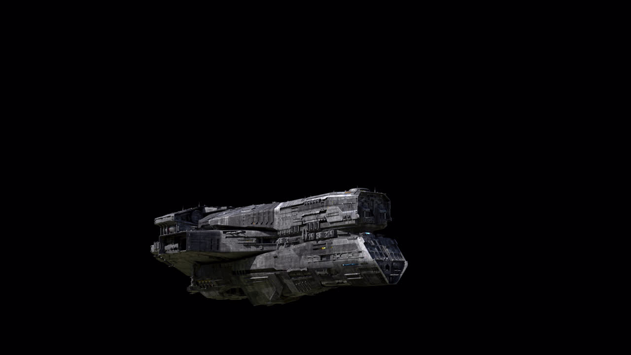 Giant spaceship landing, front side right view, black background ...