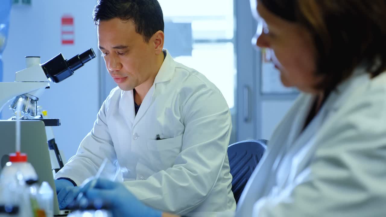 Two scientists working in laboratory 4k Premium Stock Video Footage