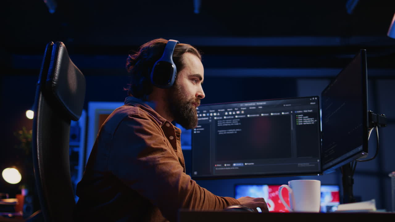 Premium stock video - Cheerful programmer listening music during remote ...