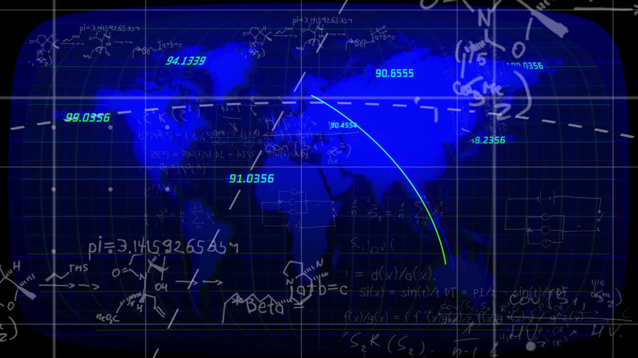 mathematical equations and coordinates animation over blue world map ...