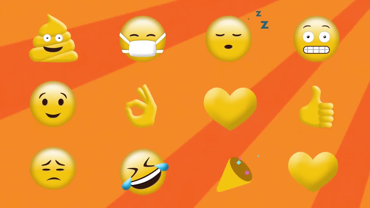 Animation of rows of multiple emoji icons on rotating orange stripes ...