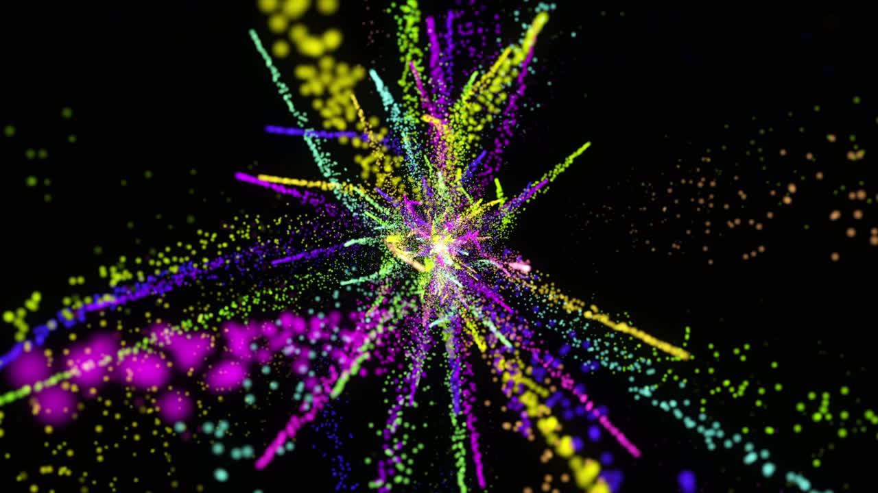 Premium stock video - Neon colourful particle explosion flow relaxing background loop
