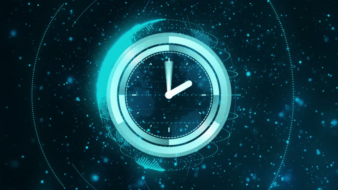 Futuristic digital clock animation with glowing blue lights and ...