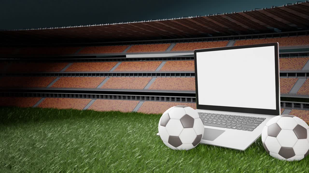 3D animation - two soccer balls next to open laptop with white screen ...
