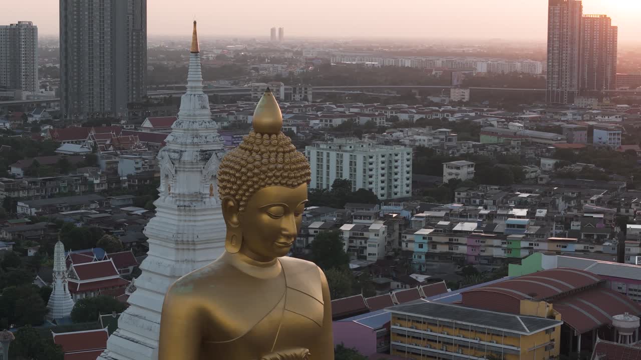 Aerial view of Wat Paknam, a beautiful temple in Bangkok, captured by a ...