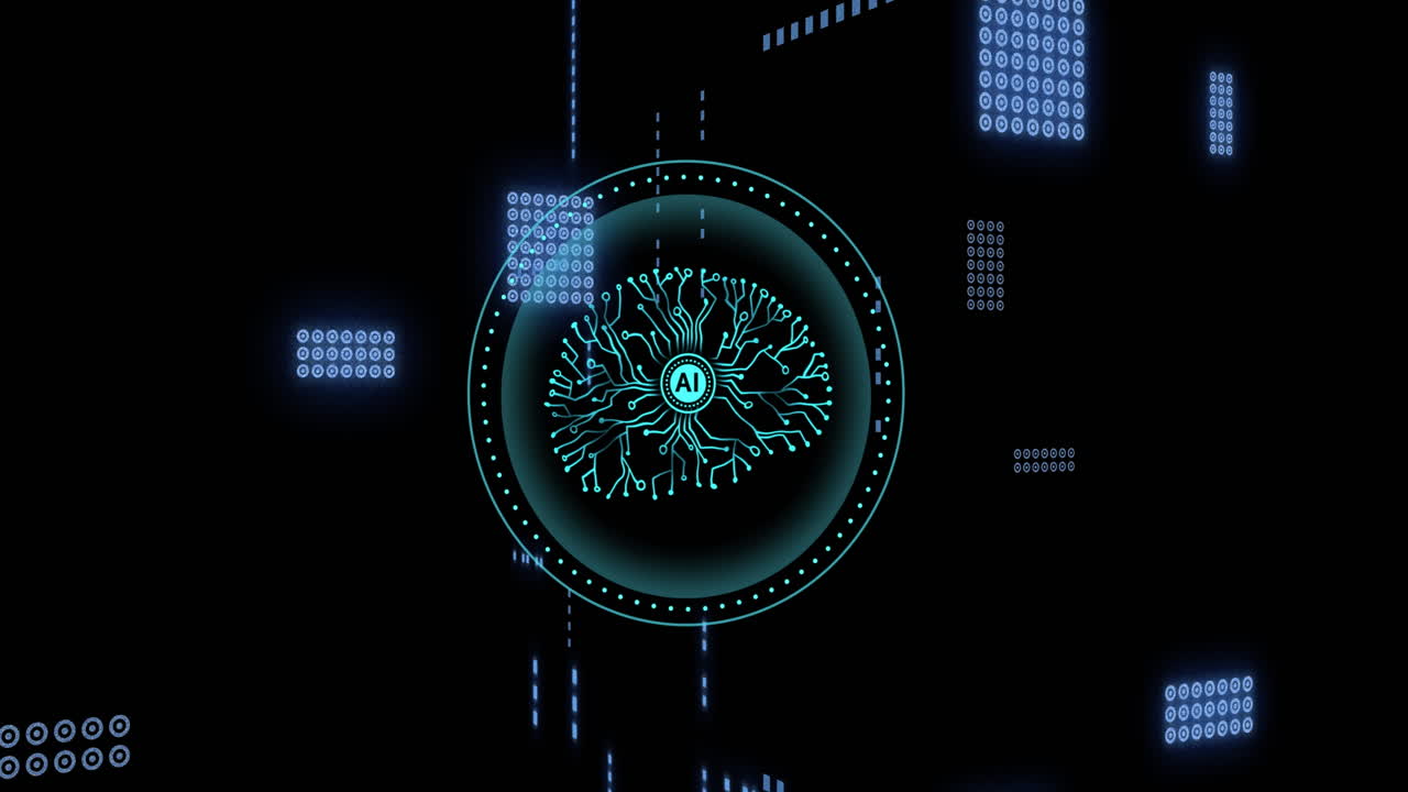 ai circuit and neural network animation over digital data points on ...