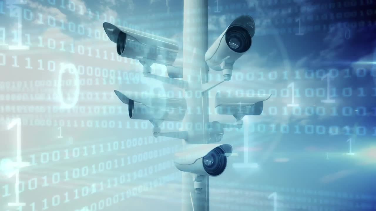 Premium stock video - Surveillance cameras and binary codes