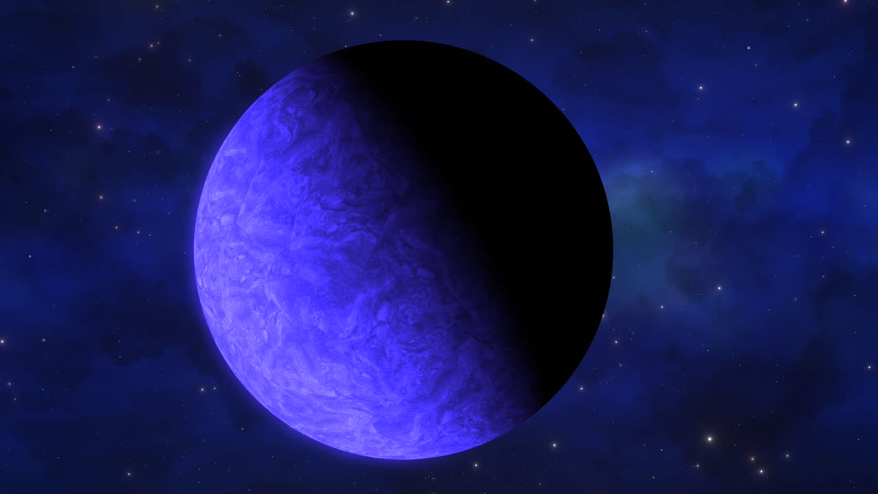 Cgi close up of cloudy blue alien planet slowly moving towards camera ...