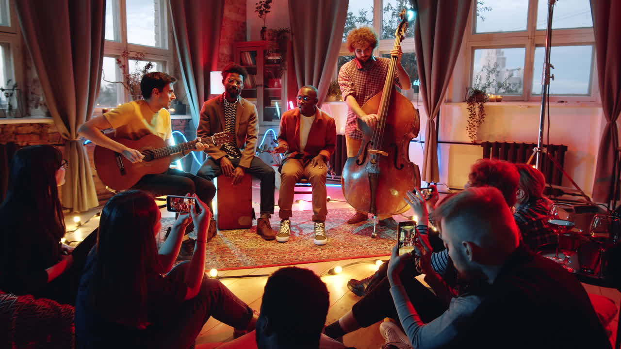 Multiethnic boy band giving music concert Premium Stock Video Footage