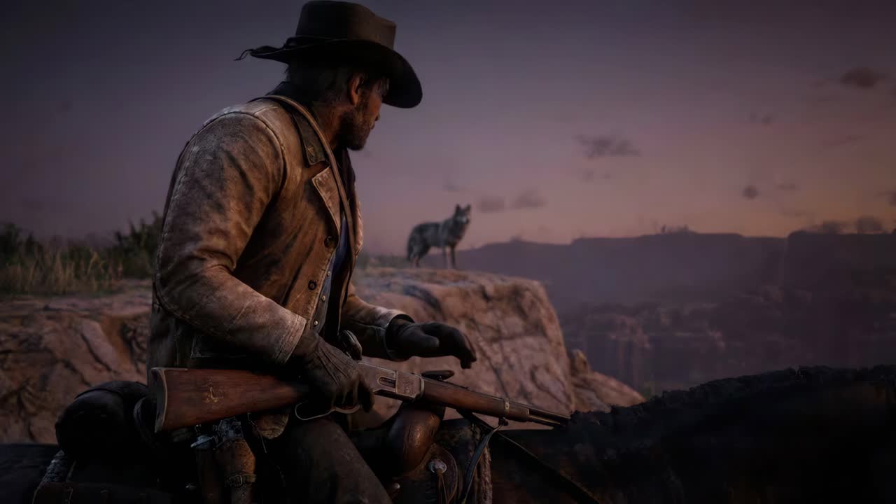 Red Dead Redemption 2 scene with Arthur Morgan and a wolf | Premium ...