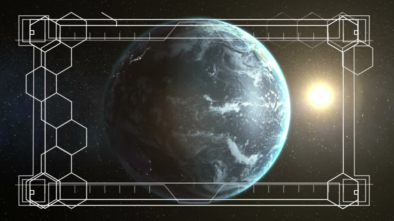 Animation of planet earth with scope scanning and network of hexagons ...