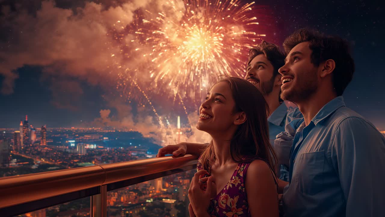 Bursting fireworks over skyline, pals leaning on balcony railing ...