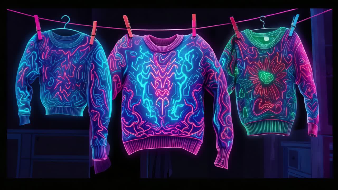 Neon Knitted Sweaters with Abstract Patterns | Premium Stock Video Footage
