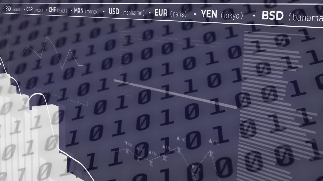 Premium stock video - Animation of financial data processing over binary coding