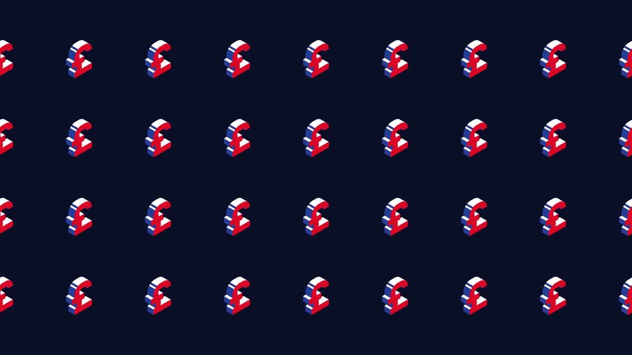 Isometric symbols of British Pound in animated pattern on a dark ...