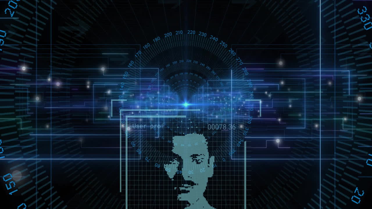 Face recognition animation over futuristic interface with data and user ...