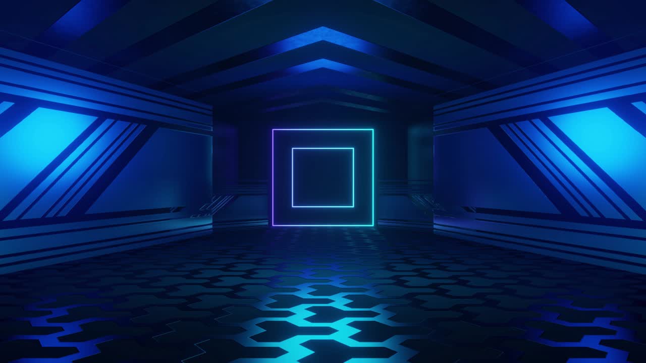 네온 반이는 미래의 복도 복도 거 인테리어 깊은 하늘 파란색으로 혁신적인 반이는 조명 현대적인 방 기술 배경 외계인 개념 3d 렌더링 프리미엄 스톡 동영상 자료