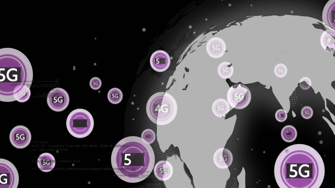 Premium stock video - 5g and 4g symbols over digital animation of world map
