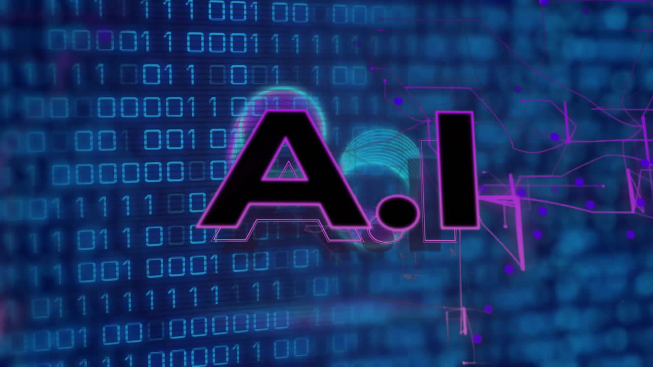 animation of ai text moving circles illuminated lines and binary codes ...