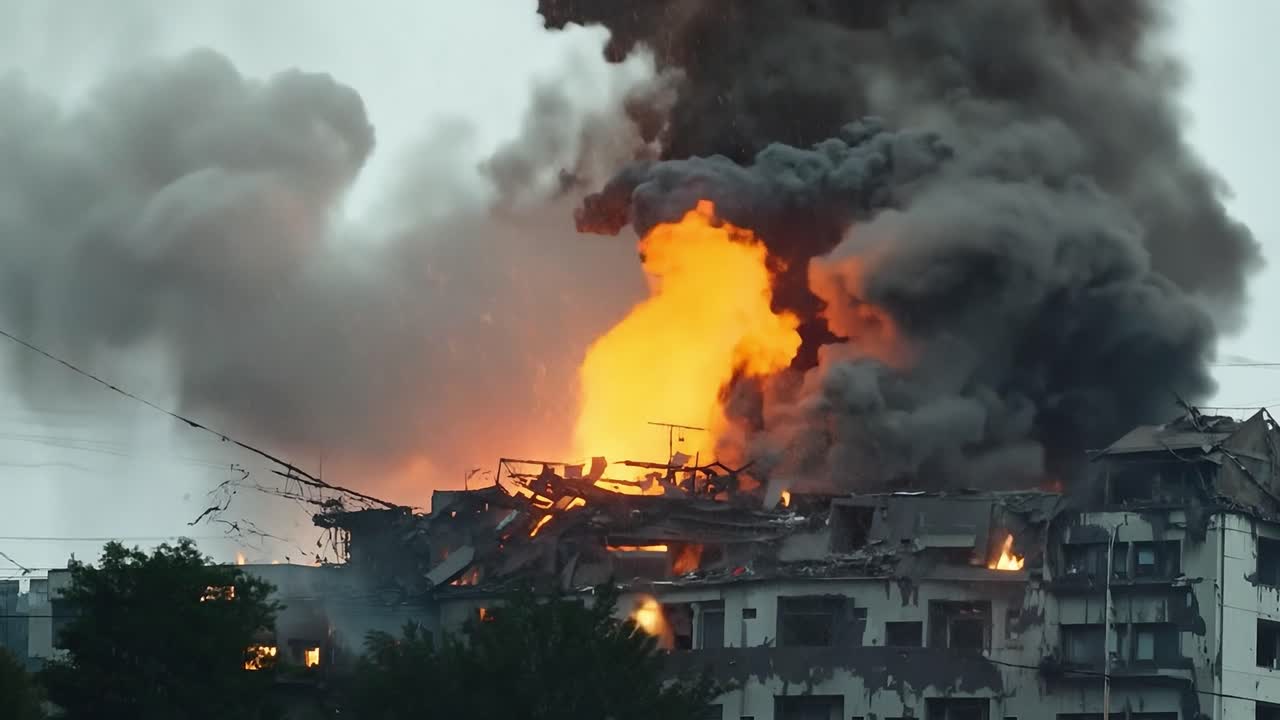 Large building engulfed in flames explodes, producing a massive cloud ...