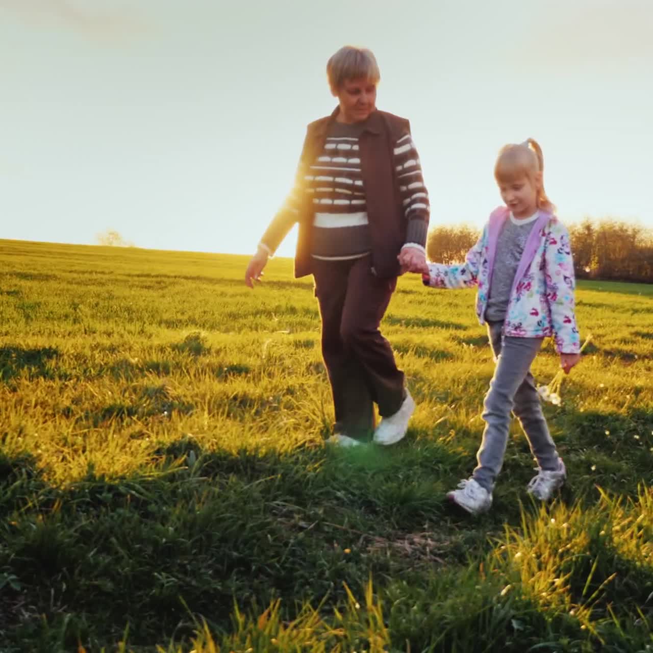 Vídeo de arquivo Premium - Avó e neta estão andando pelo campo 2