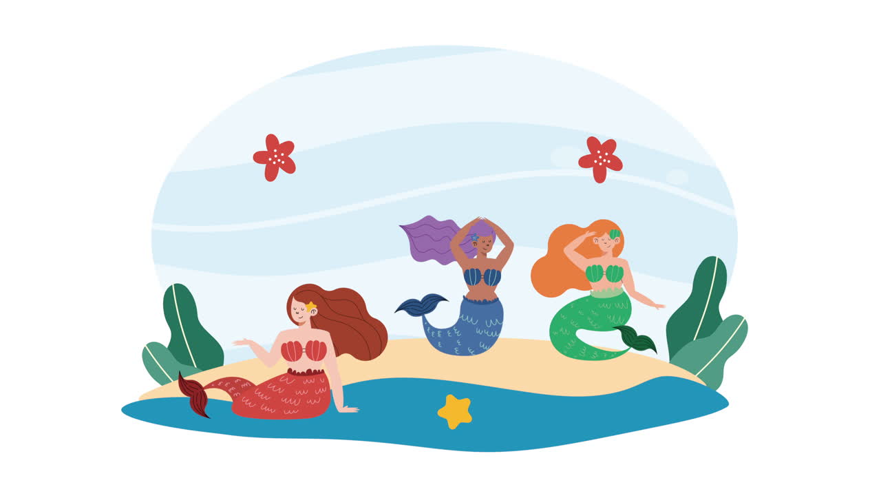 Three beautiful fairy tale mermaids on the beach animation | Premium ...