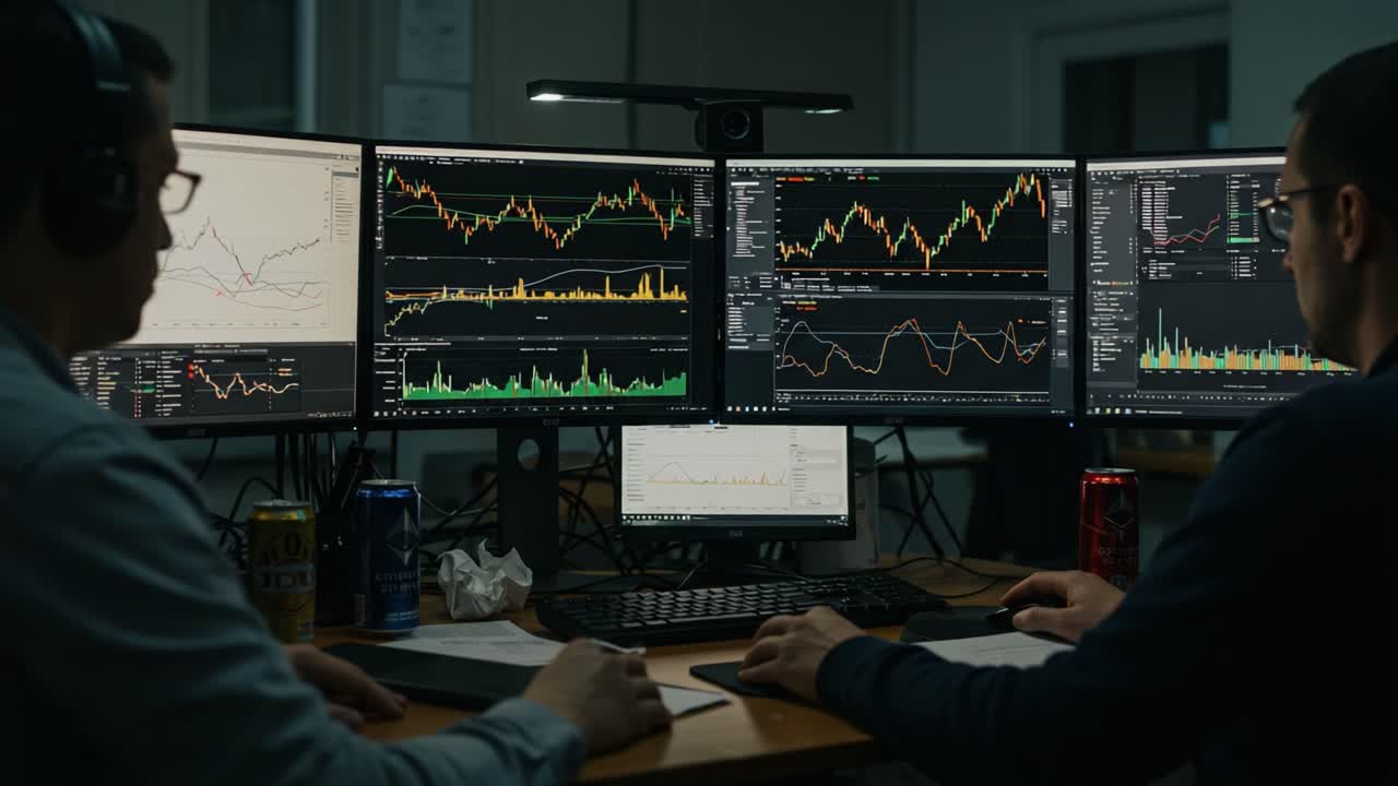 Analysts Reviewing Financial Charts and Data on Multiple Monitors in a ...