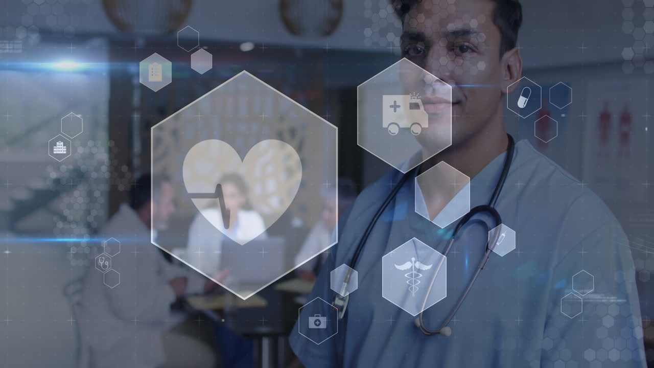 Animation of network of connections with medical icons over latino male ...