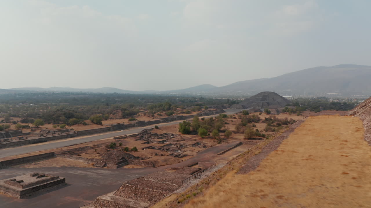 Forwards Fly Around Corner Of Pyramid. Revealing Panoramic View Of Dry ...