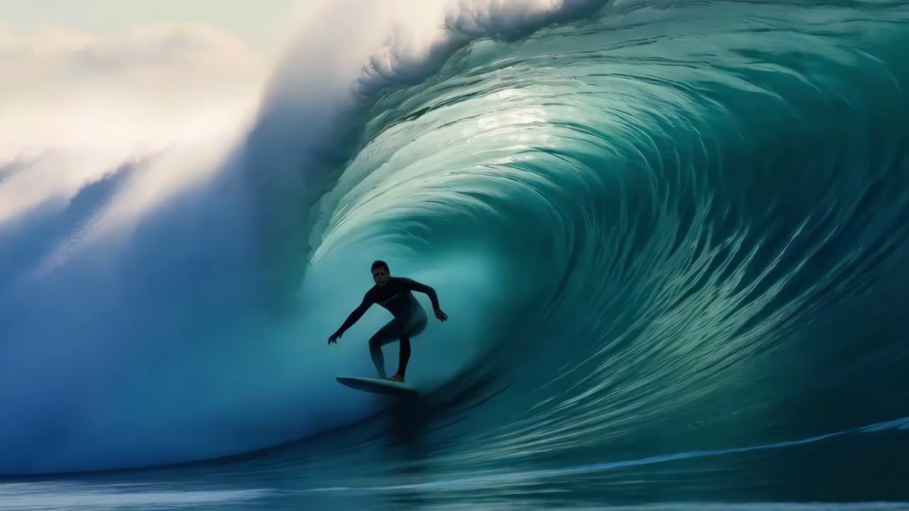 Dynamic video concept of a surfer riding a massive wave. Captured from ...