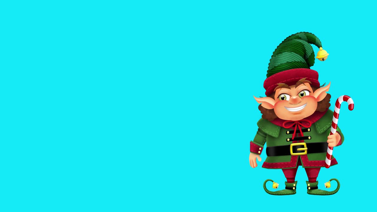 4k Animated Illustration Of Happy Christmas Elf Holding Candy Cane On ...