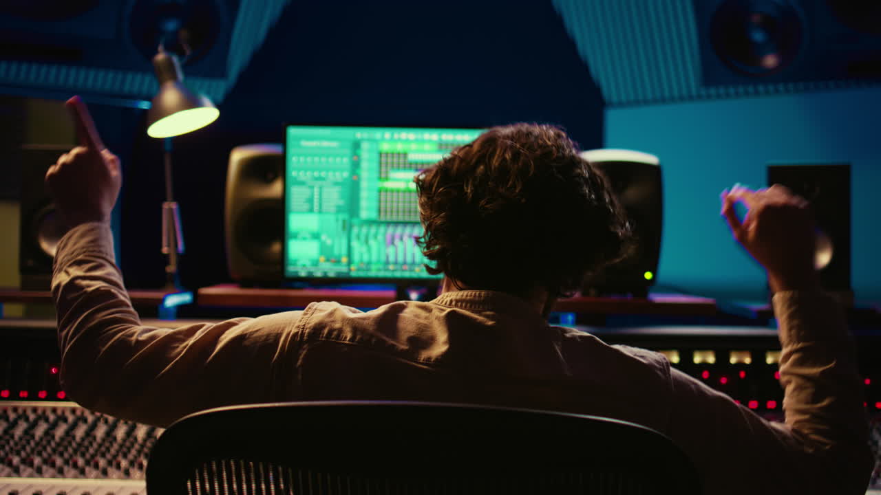 Skilled Sound Designer Enjoying His Own Music Creating At Mixing ...