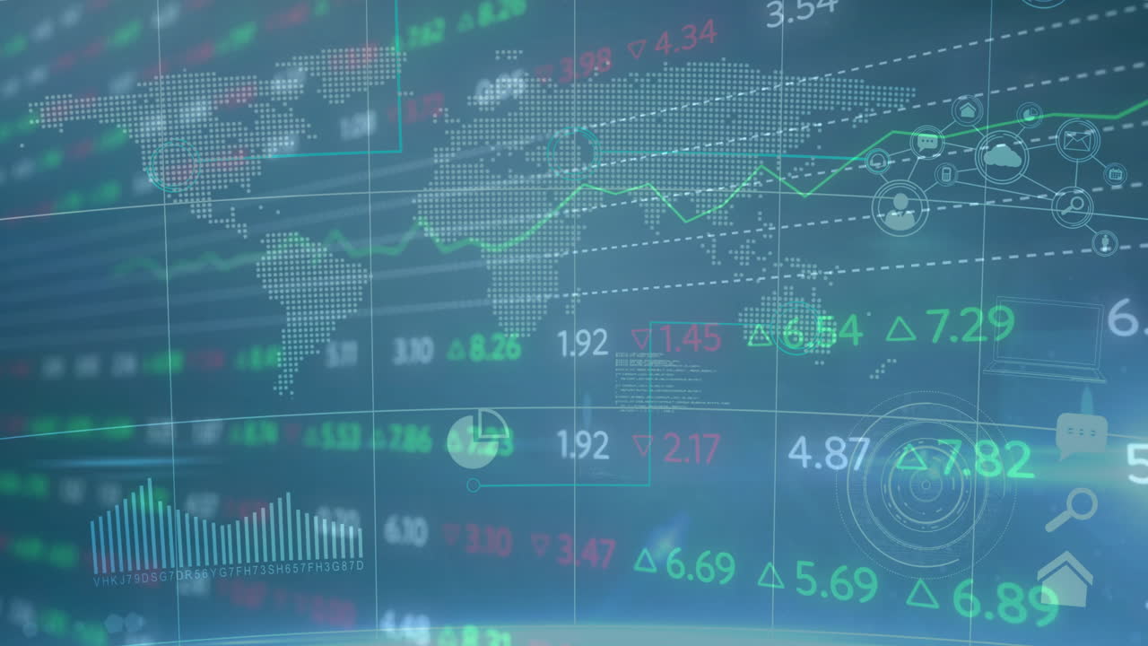 financial data and stock market analysis animation over world map and ...