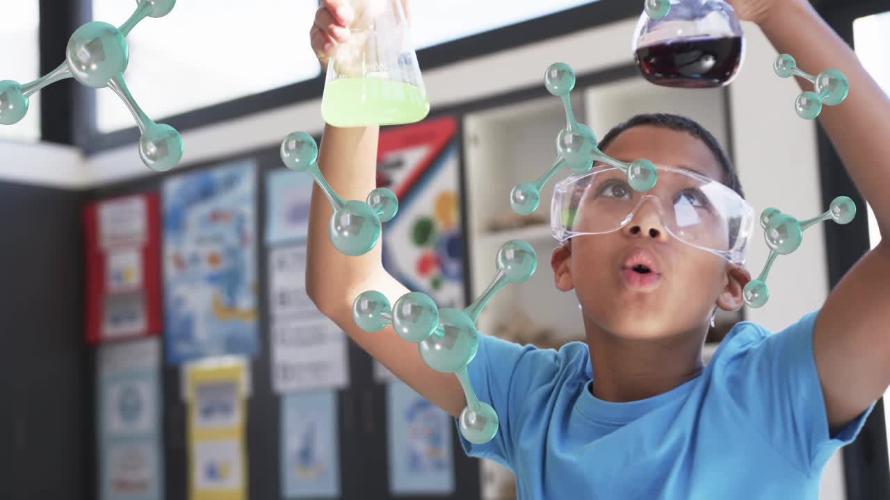 conducting science experiment child holding beakers with molecular structure animation | freepik
