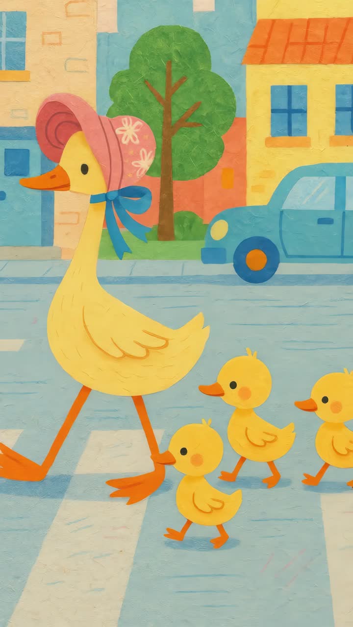 Charming animation of a duck family crossing a street. Side angle ...