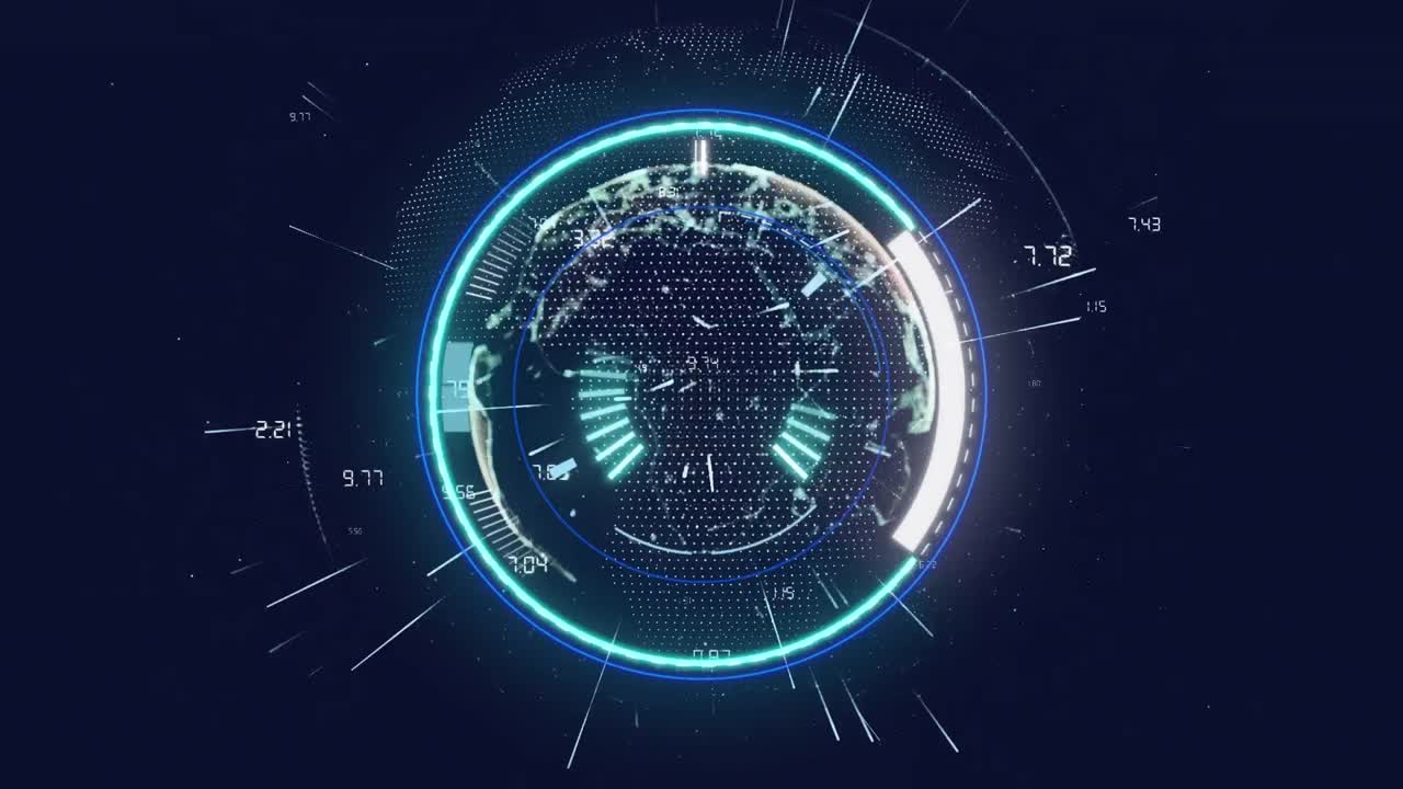 animation of digital interface showing circular scope scanning with floating numeric data and ...