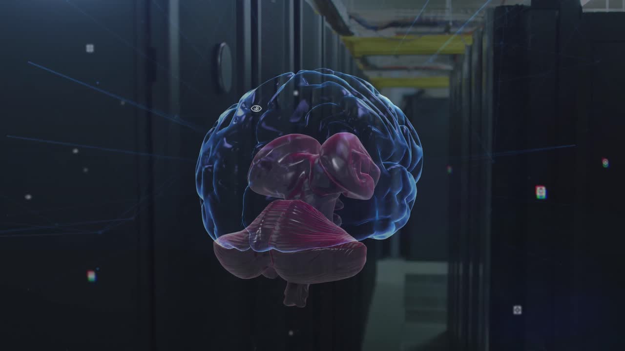 Animation Of White Spots And Human Brain Icon Spinning Against Computer ...