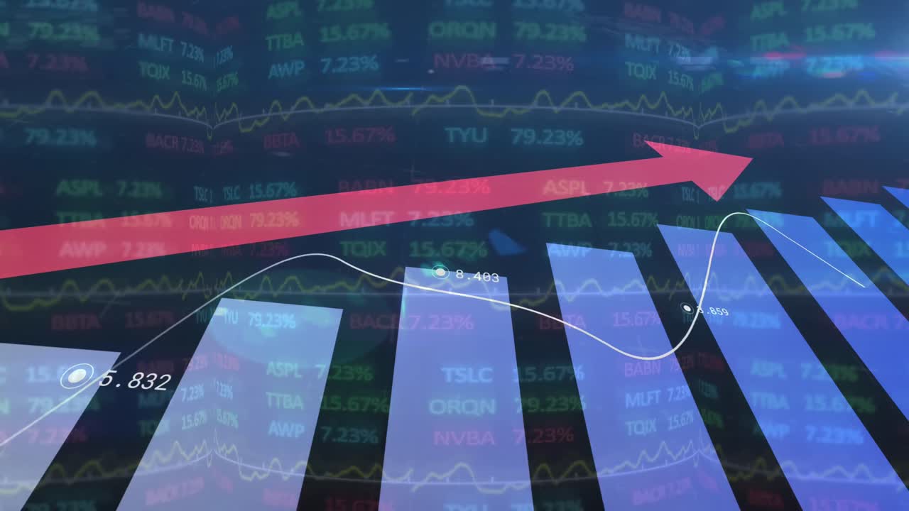 Animation Of Red Arrow With Statistics And Financial Data Processing ...