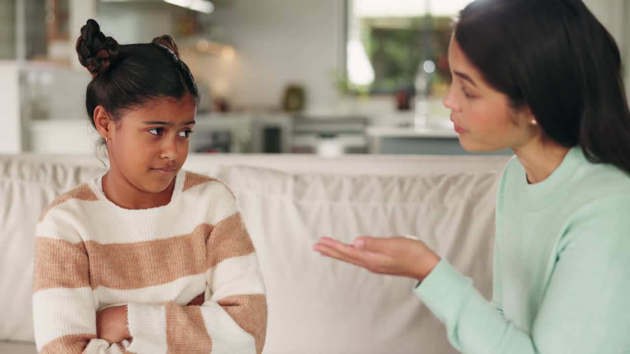 Premium stock video - Talking, mother and discipline upset child for bad