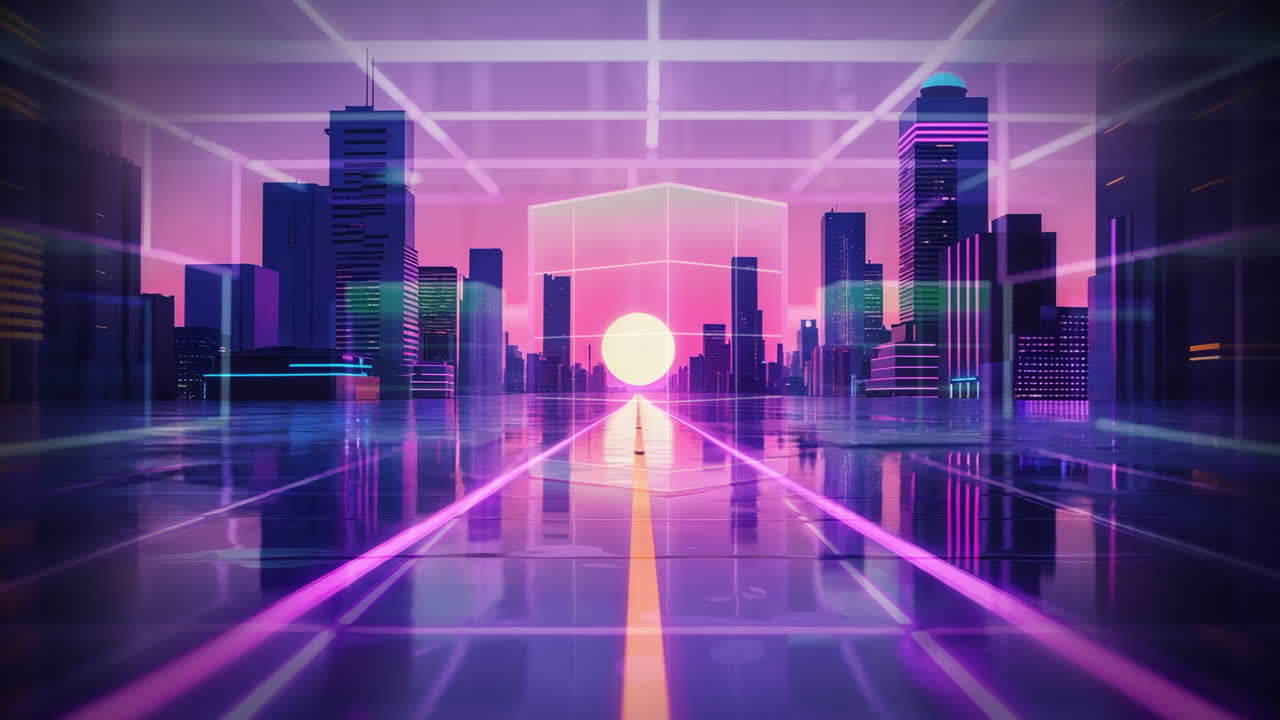 Synthwave Retro-Futuristic Cityscape with Neon Grid and Sun | Premium Stock Video Footage