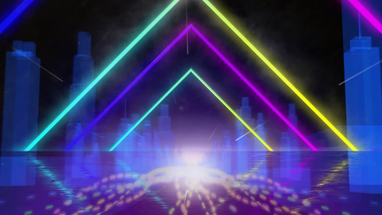 Premium stock video - Animation of neon shapes and neon cityscape