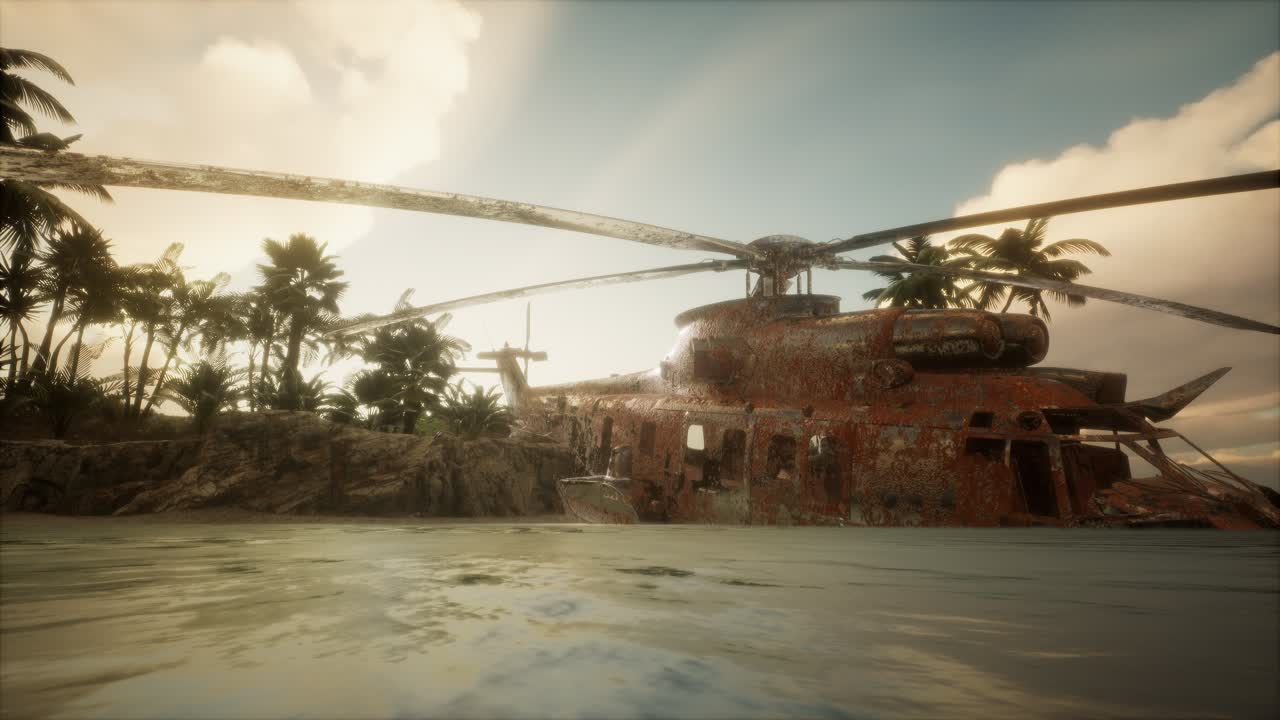 Free stock video - Old rusted military helicopter near the island