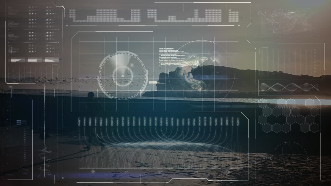 Animation of digital screen and data processing over fit man running by ...