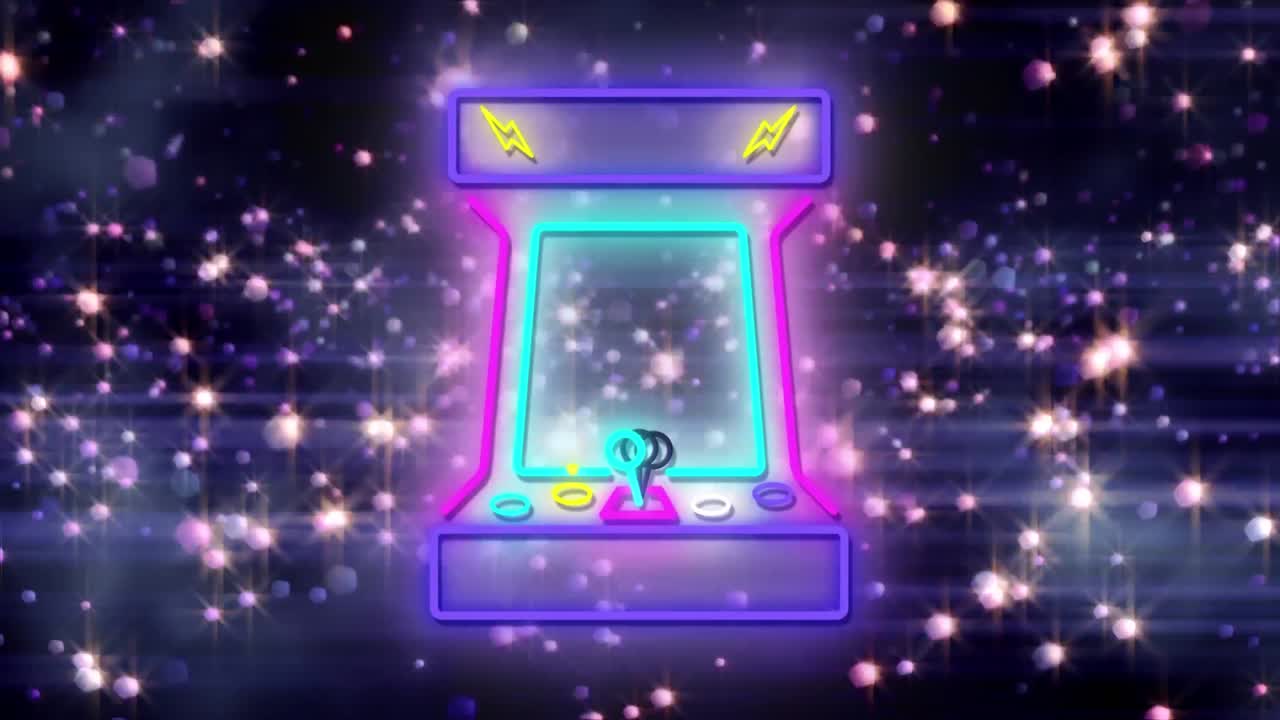 Digital animation of neon arcade game machine against shining spots of ...