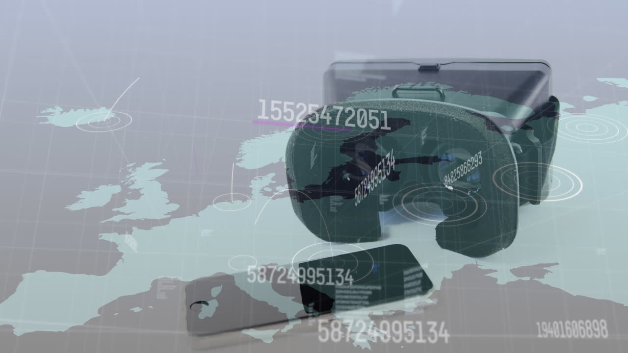 Multiple Changing Numbers And Pulsating Circles Over World Map Against Smartphone And Vr Headset ...