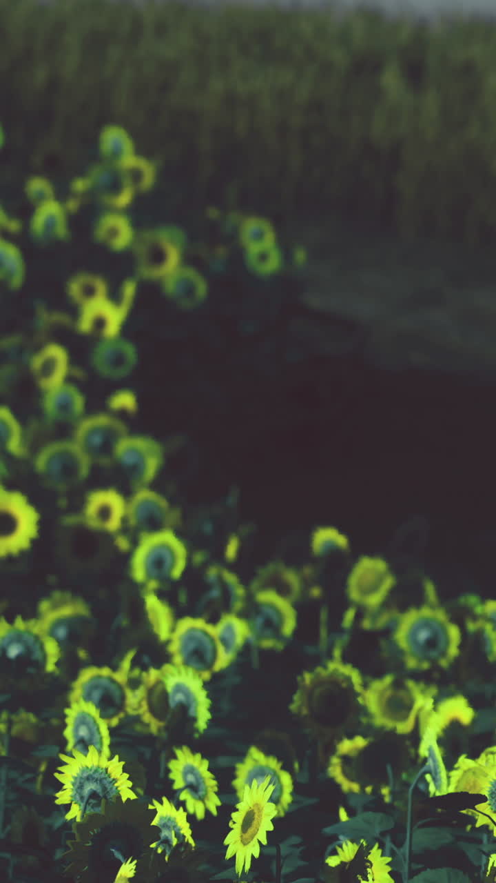 Sunflowers bloom by the serene pond at dusk in a rural landscape ...
