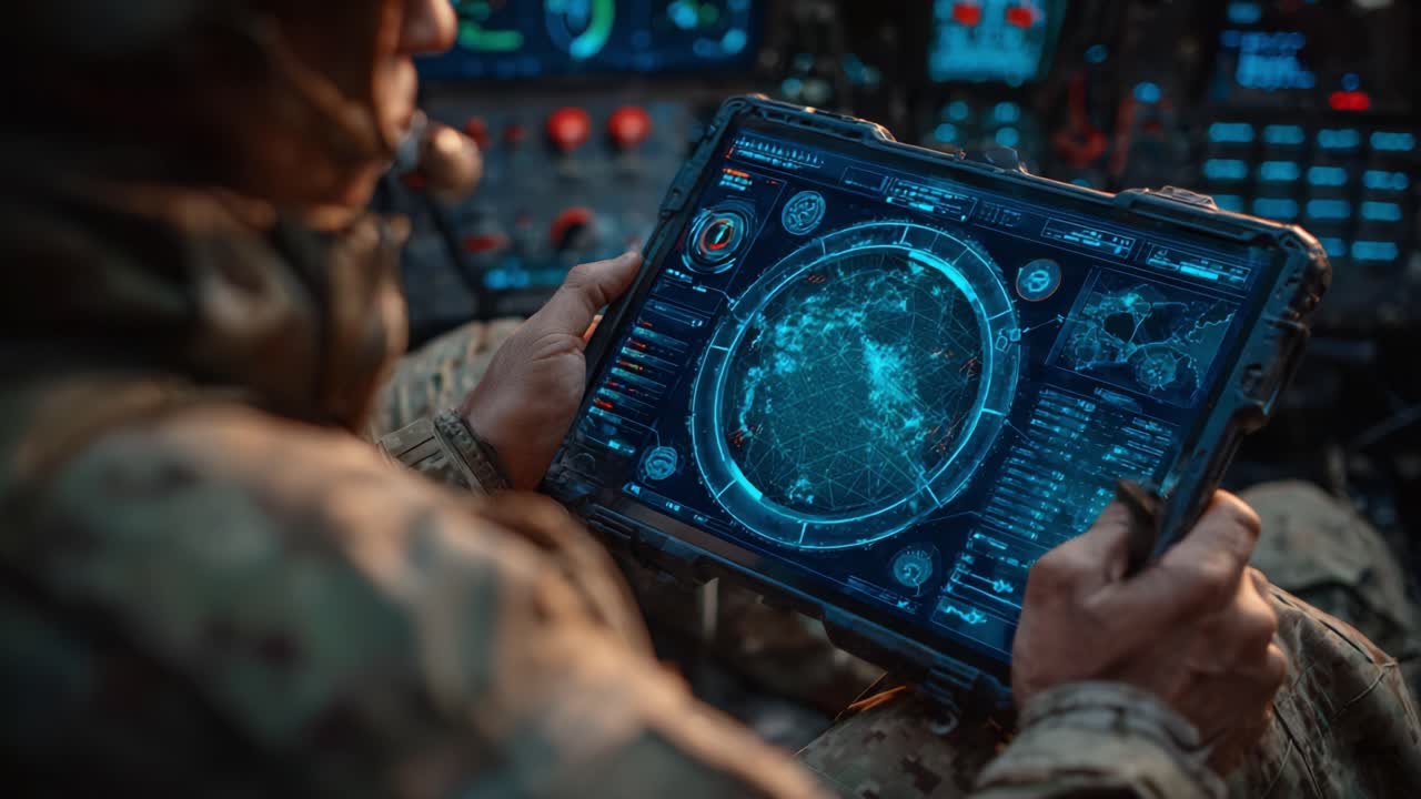 Advanced Military Technology: Operator Analyzing Tactical Data on a ...