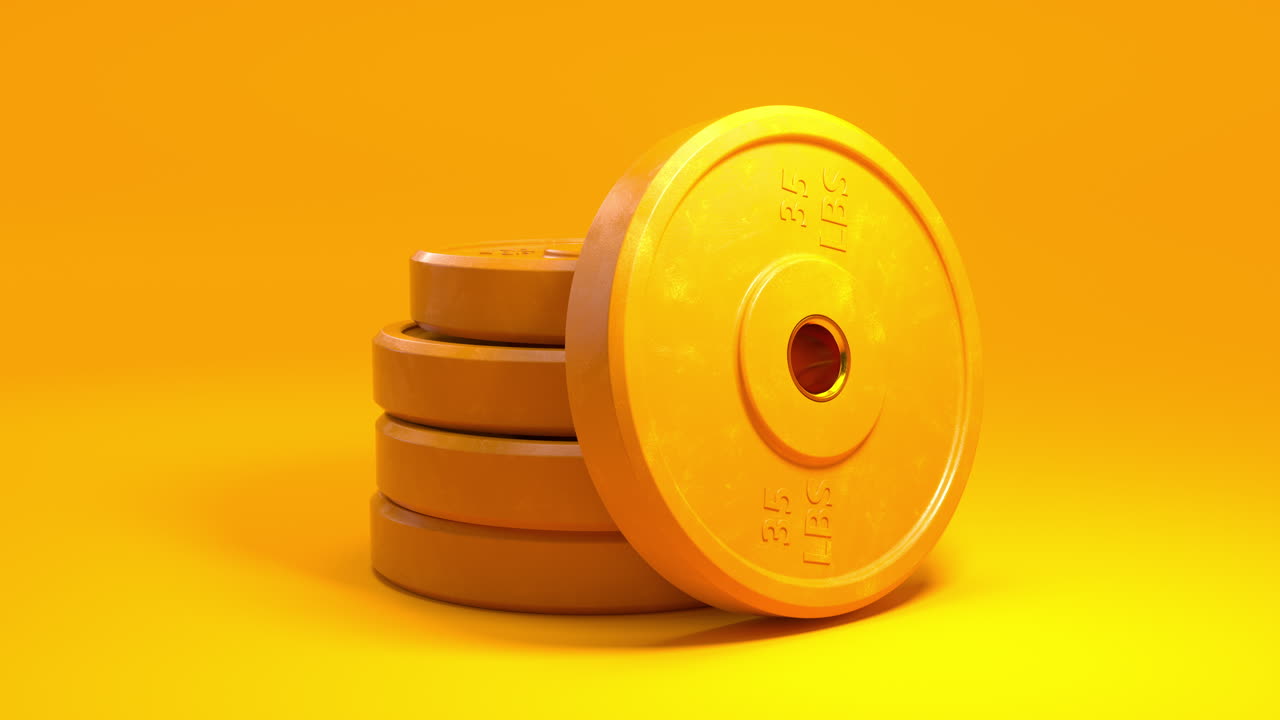Dynamic 3D Animation: Yellow Weight Plates Stack Up Against A Vibrant ...