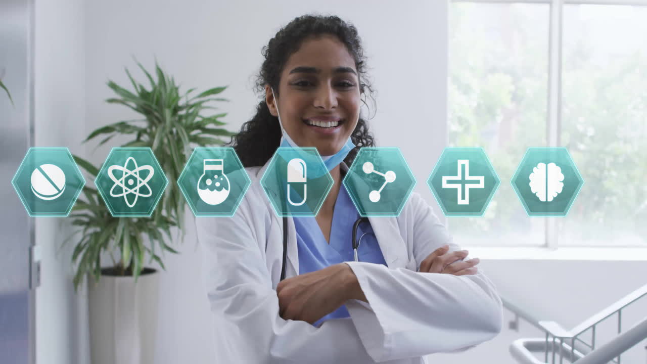 Female doctor crossing arms in clinic, showcasing floating hex medical ...